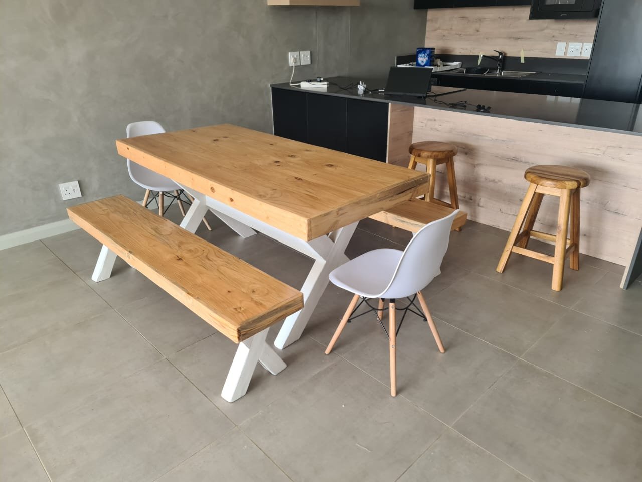 8seater Crossed Leg Table, two Benches and two Emmy Chairs – Modern Benches