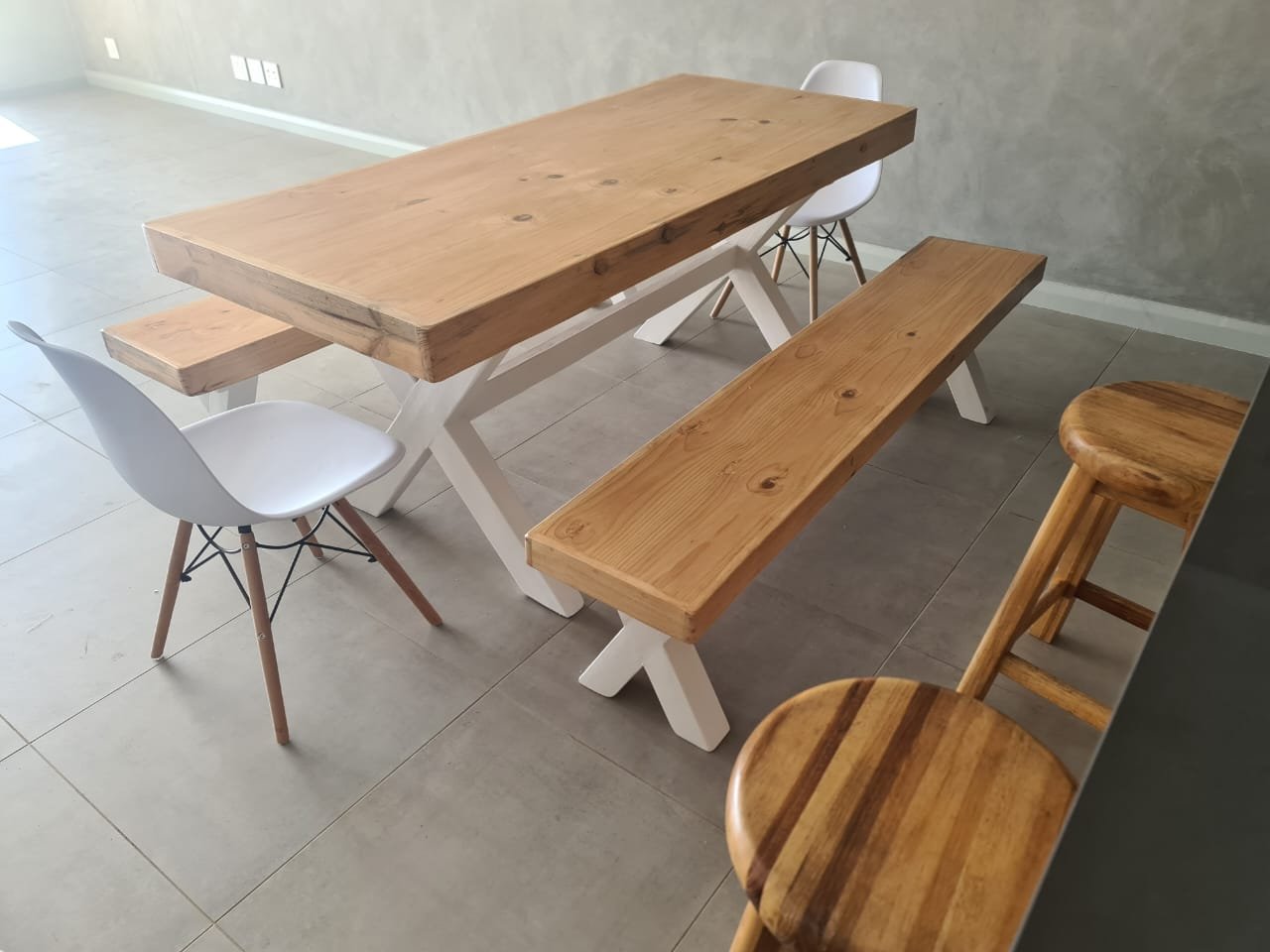 8seater Crossed Leg Table, two Benches and two Emmy Chairs – Modern Benches