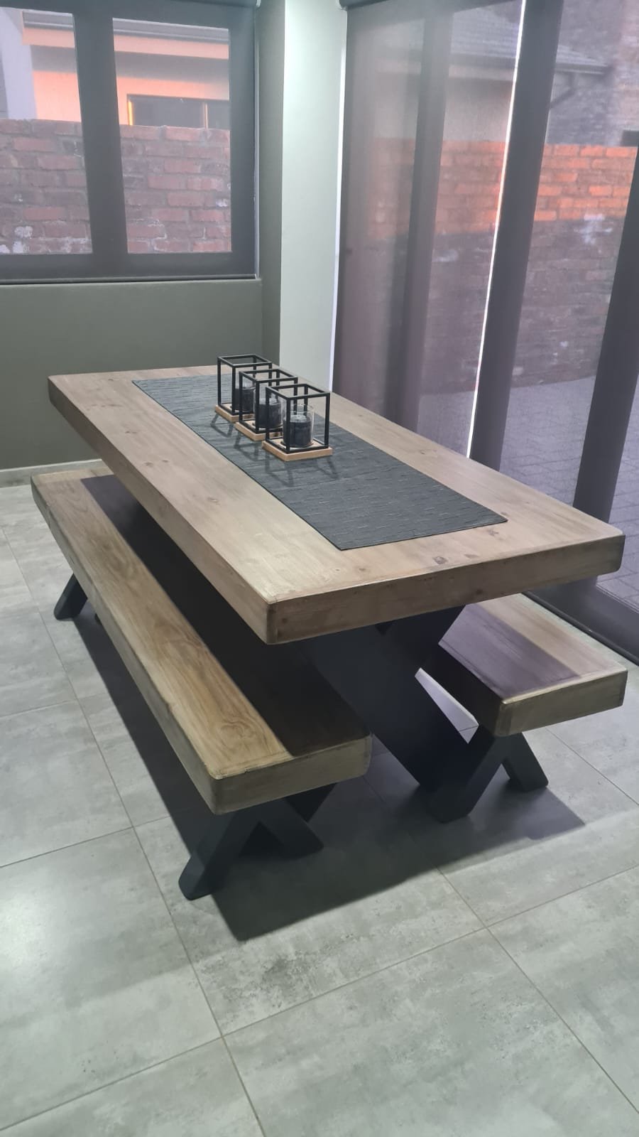 10seater Dark Oak and Black Legs Crossed Legs Set – Modern Benches