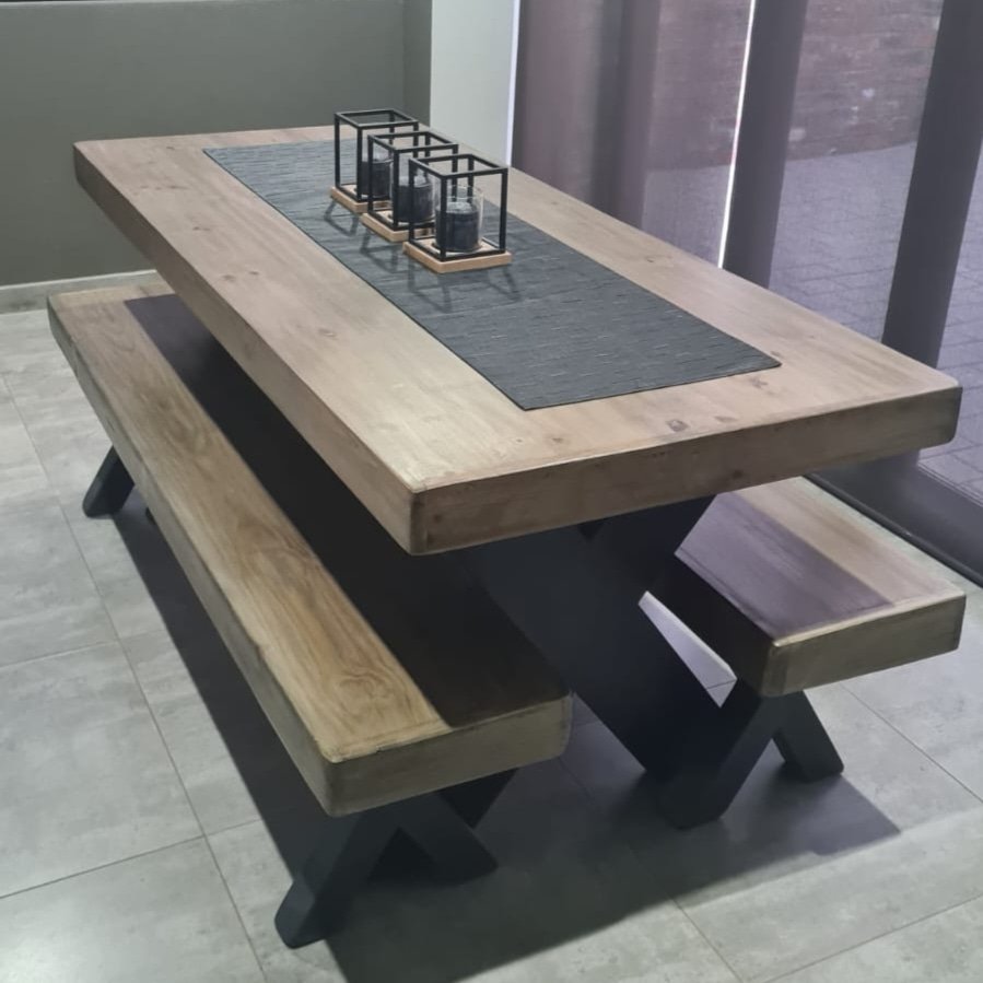 10seater Dark Oak and Black Legs Crossed Legs Set – Modern Benches