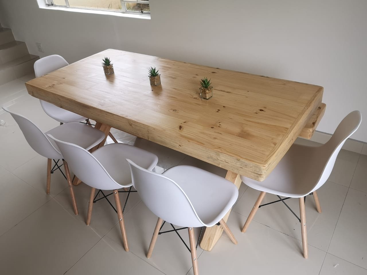 8seater Crossed Leg Table One Bench Natural Wood Colour and white ...