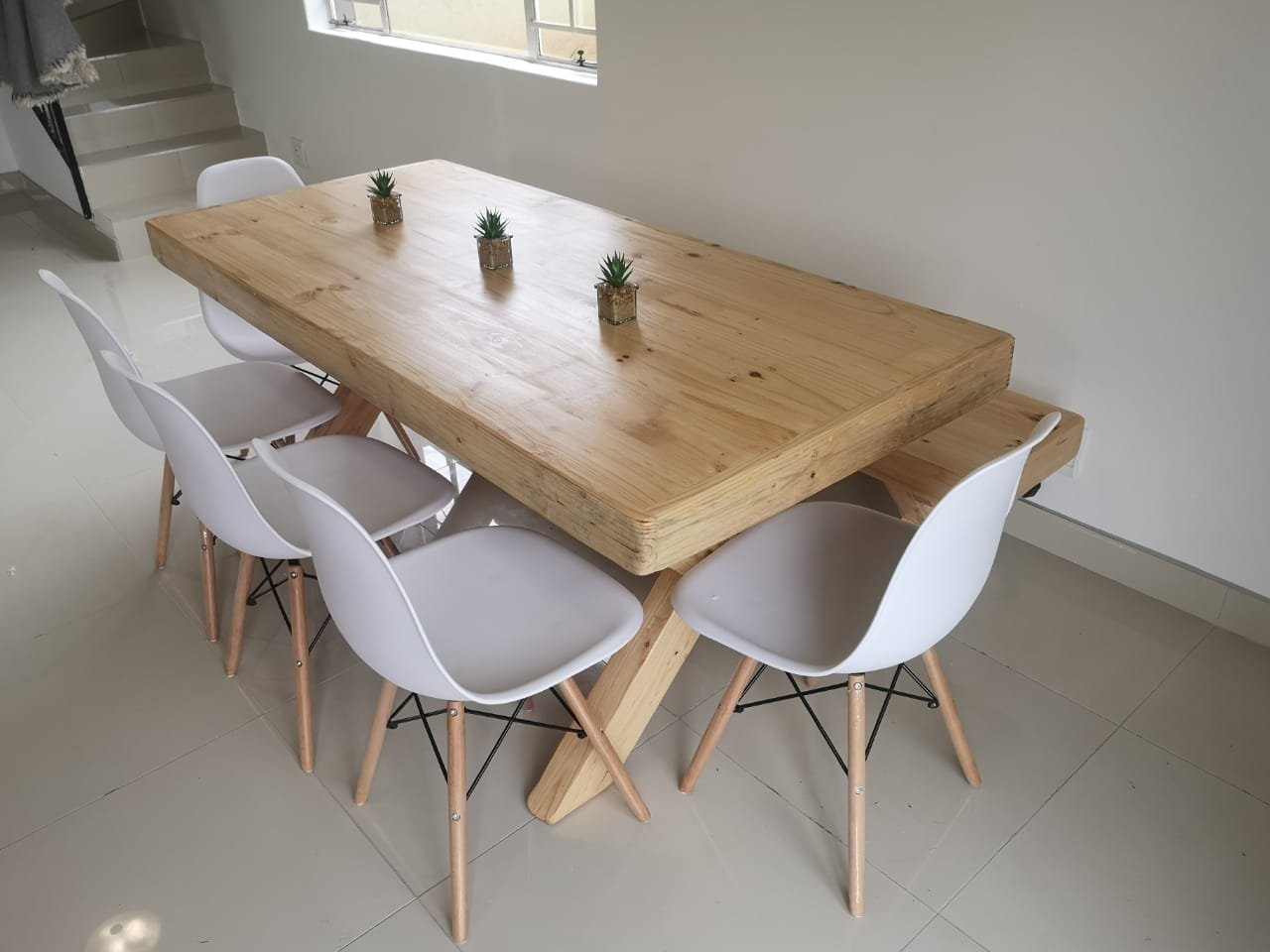 8seater Crossed Leg Table One Bench Natural Wood Colour and white ...