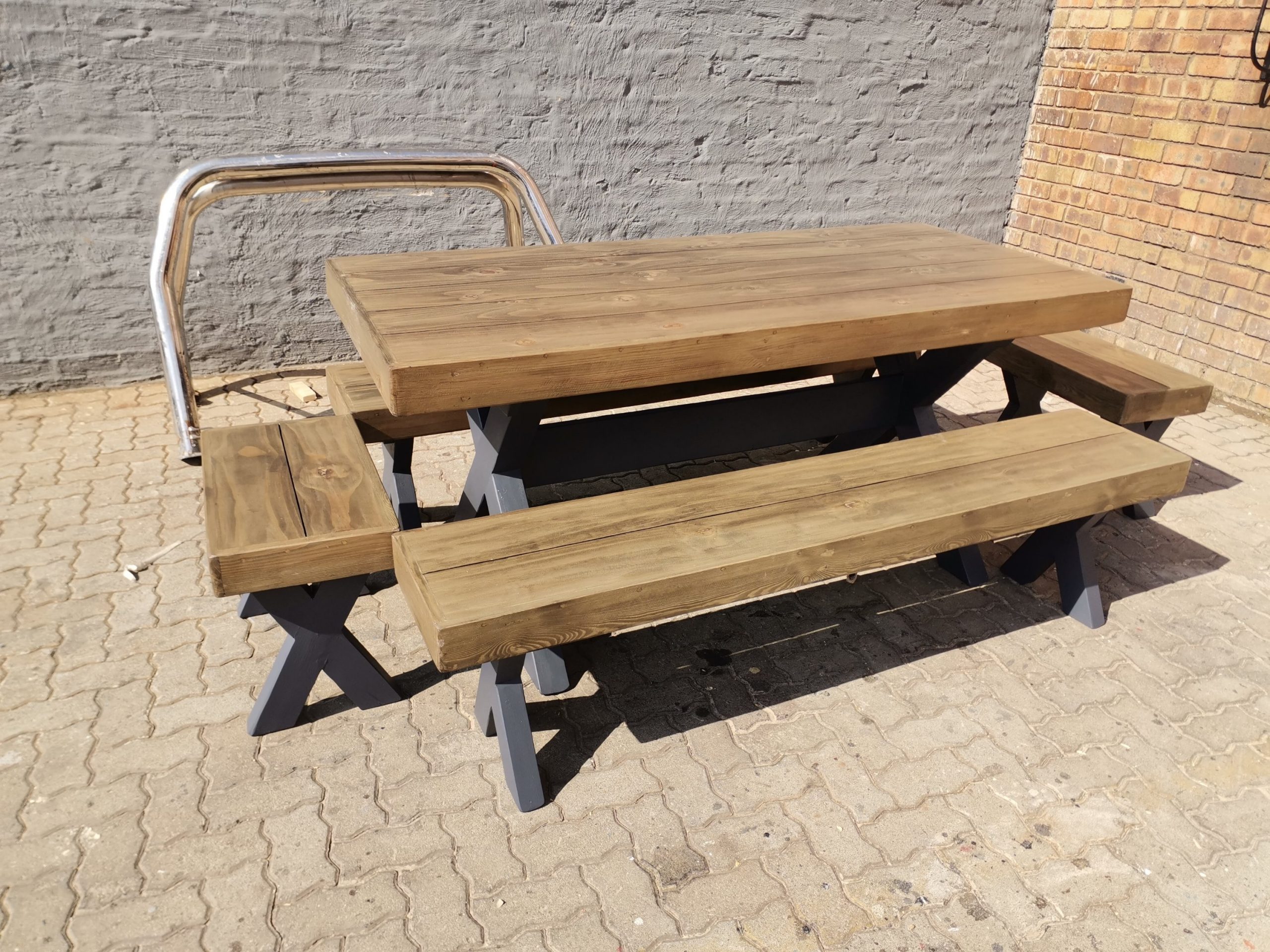 8seater Crossed leg Grey and Dark Oak Combo Set – Modern Benches