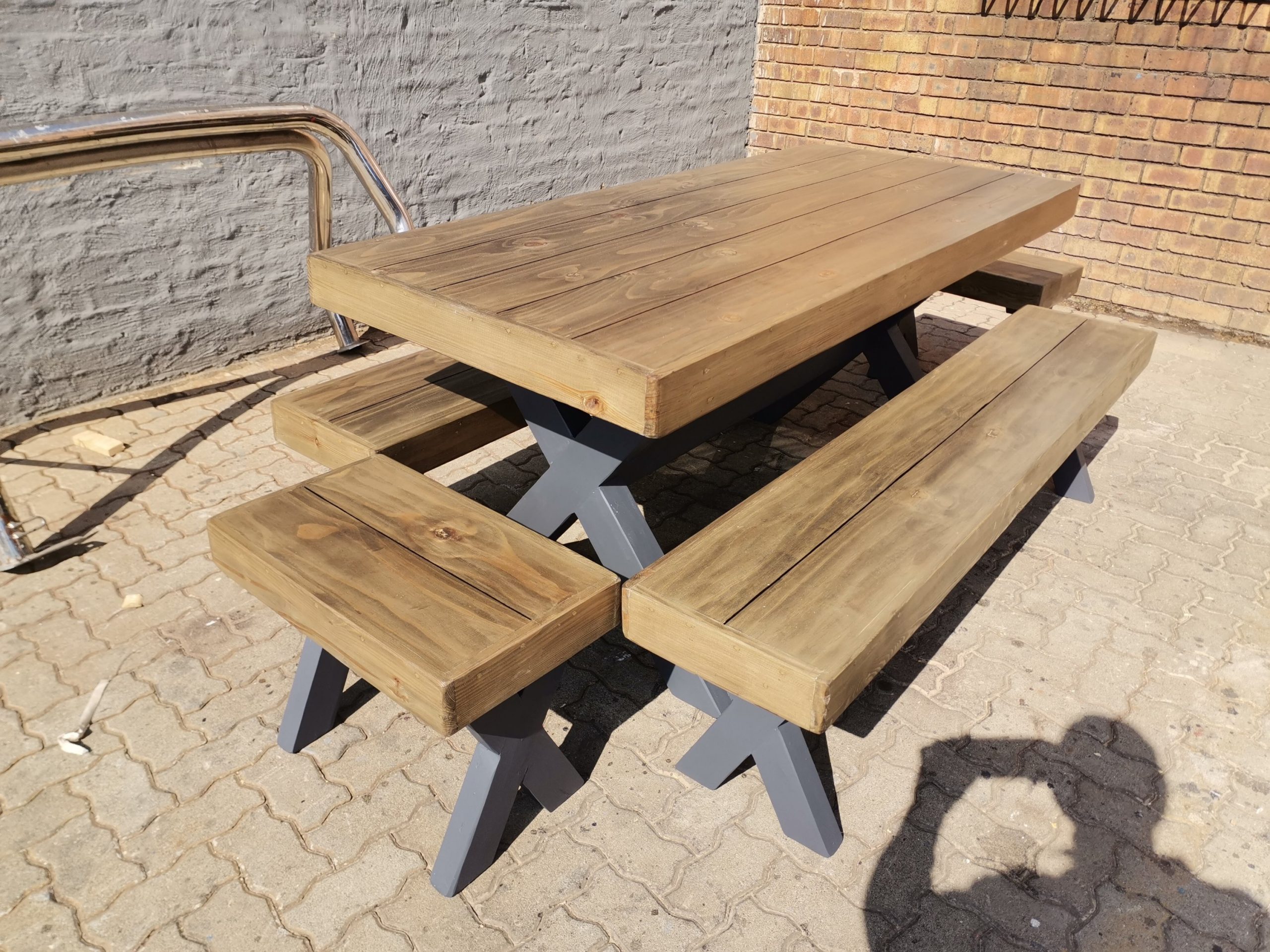 8seater Crossed leg Grey and Dark Oak Combo Set – Modern Benches