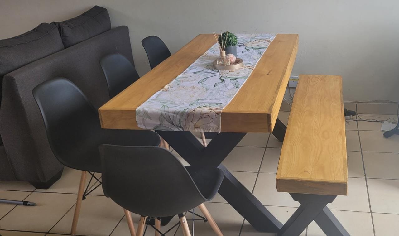 6seater Crossed Leg Table, Bench Black, Oak and 4chairs Set – Modern ...